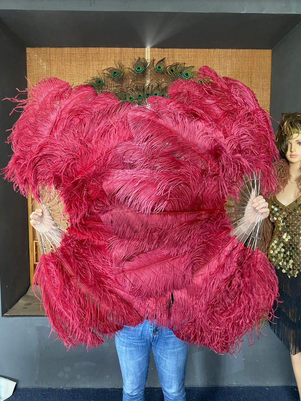 Burgundy single layer Ostrich Feather Fan Full open 180 degree 25"x 50 ...
