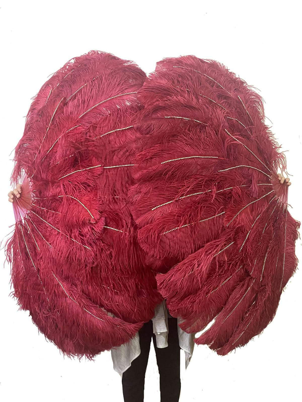 Burgundy Triple layers ostrich Feather Fan 35"x 63" Rhinestone on spin ...