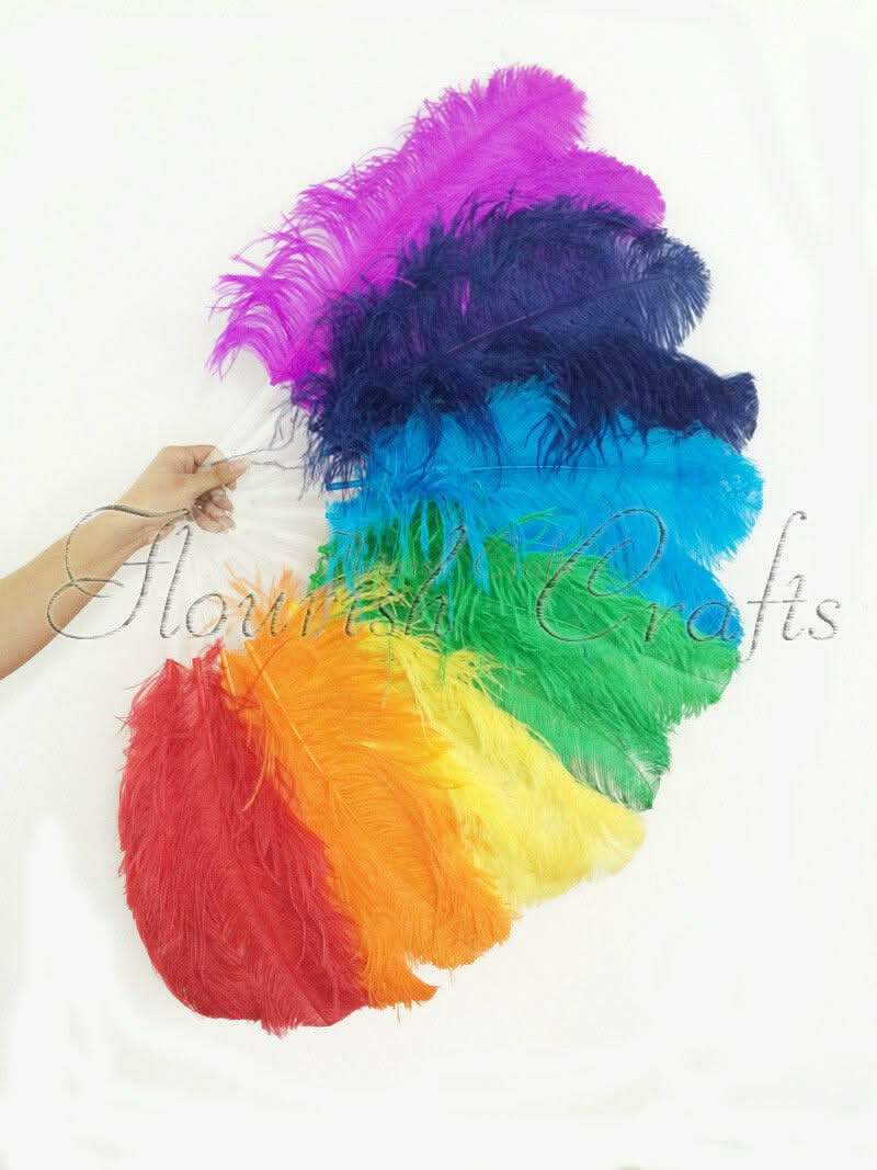 Rainbow single layer Ostrich Feather Fan Full open 180 degree 25"x 50 ...